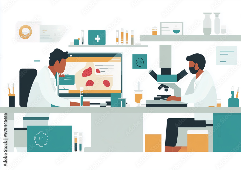 illustrator of a scene inside a modern pathology lab, where ...