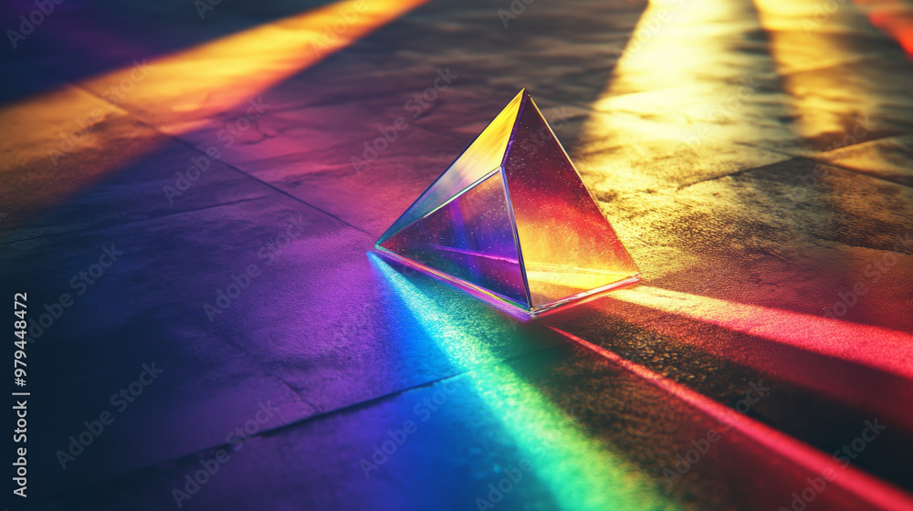 Geometric prisms reflect radiant rainbow colors, scattering bright ...