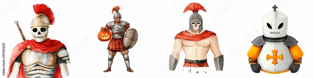 Illustration set featuring a skeleton dressed as a Roman soldier, a ...