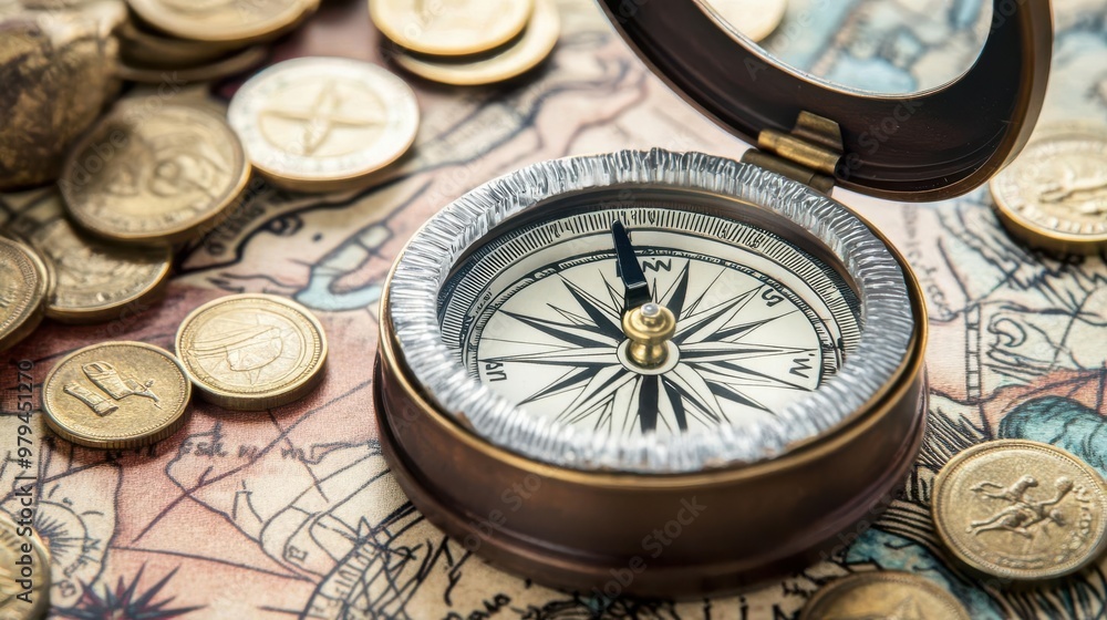 Detailed compass on a map of the ancient trade routes, with old coins ...
