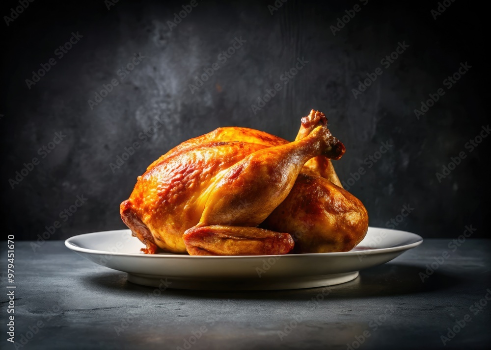 monochromatic aesthetic crispy roasted chicken top view on a stark ...