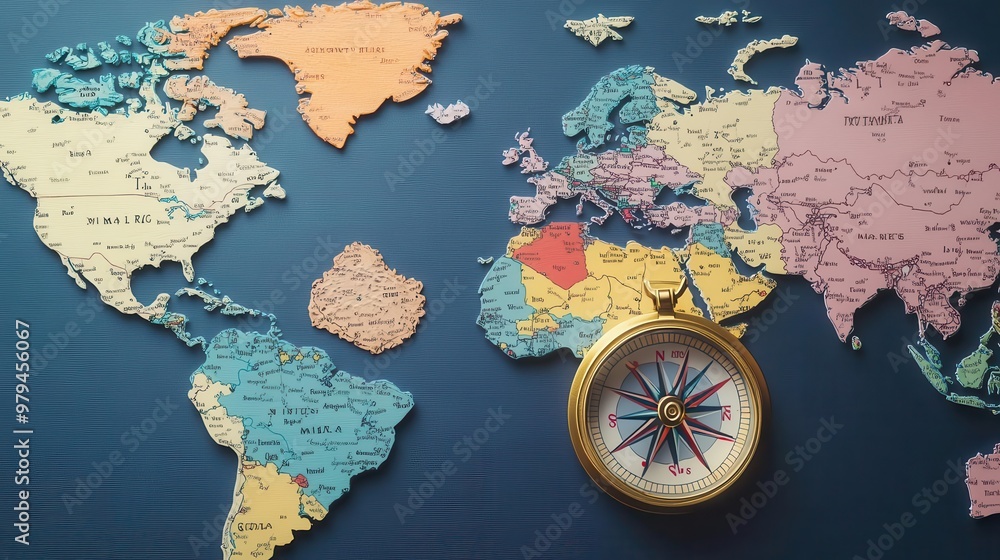 World map with a compass resting on the border of an unexplored ...