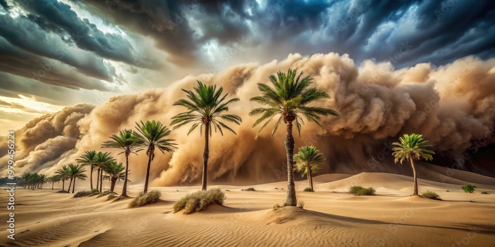 fierce desert storm with sand blasts and wind blowing palm trees in ...