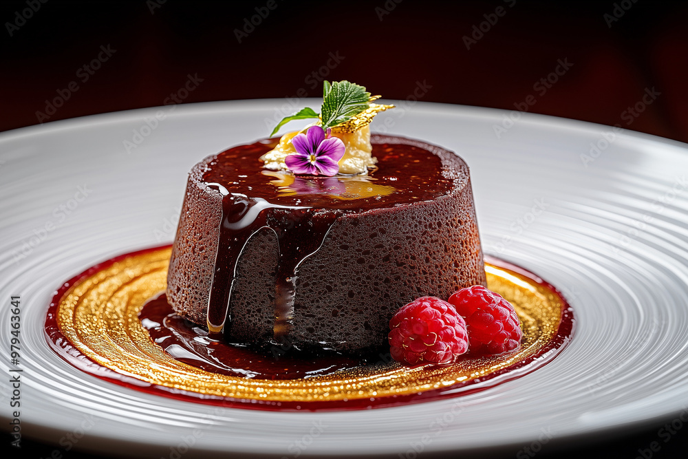 Dark Chocolate Lava Cake with Gold Leaf and Raspberry Coulis Stock ...
