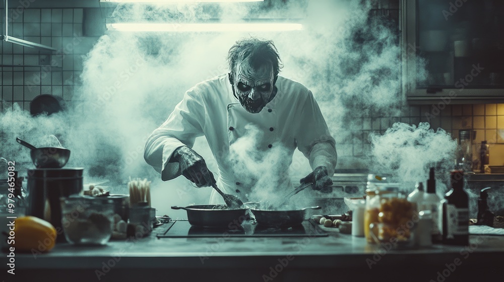 Halloween party decorations, scary monster zombie chef cooking pumpkin ...