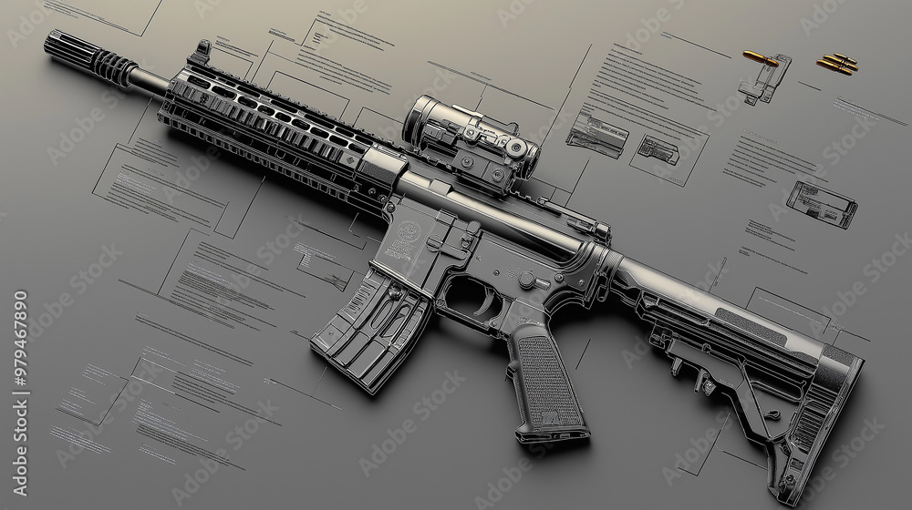 Fotografía Modern sporting rifle lying on top of exploded view ...