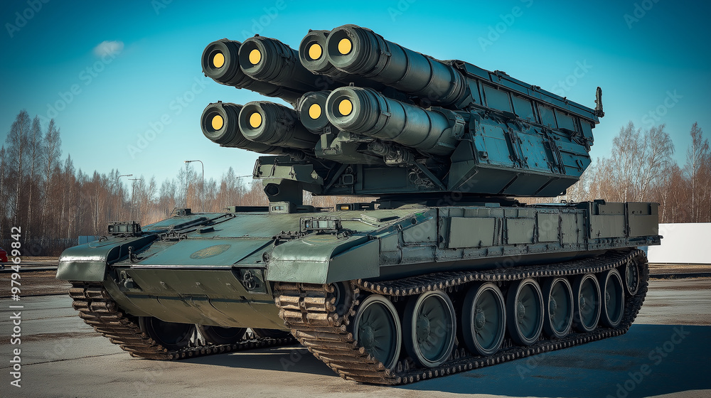 Russian military tank with rockets is being deployed on the battlefield ...