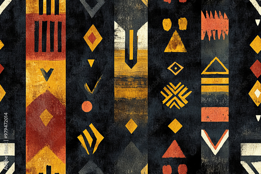 Seamless earthy geometric patterns with abstract symbols on dark ...