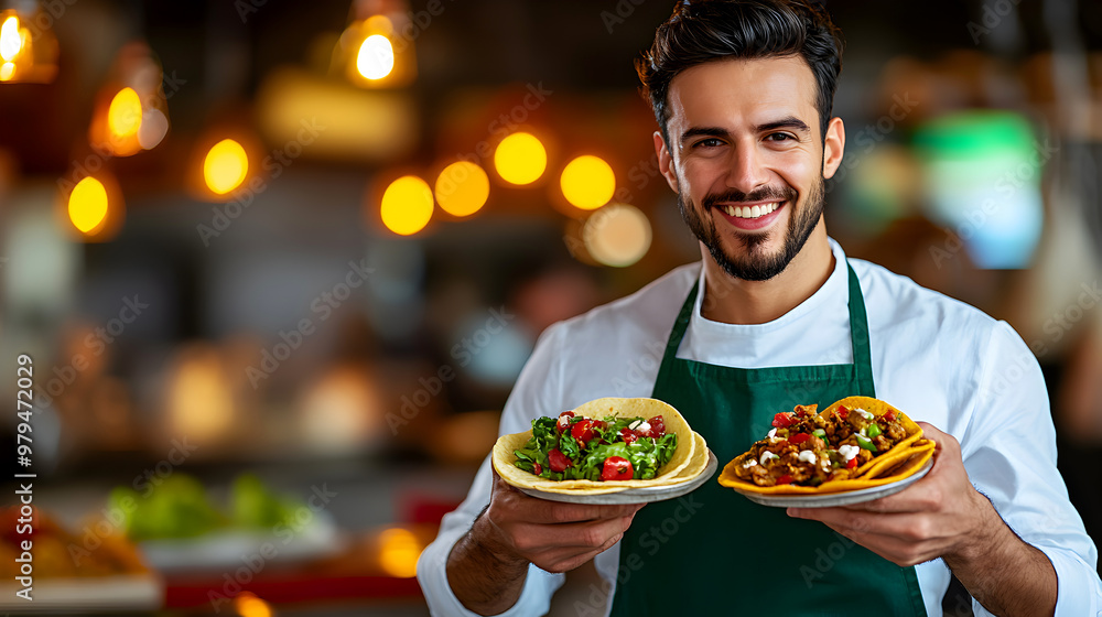 Young smiling Mexican man selling freshly made tacos at a bustling ...