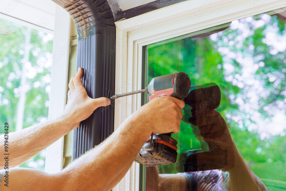 Handyman is assembling gutter channel that is attached to roof with ...