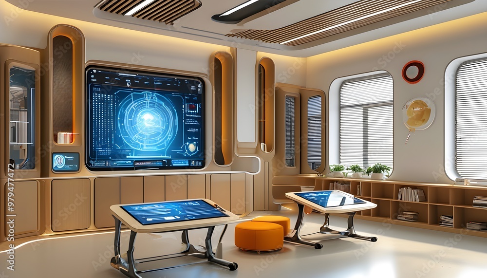 Futuristic classroom featuring holographic displays, interactive ...