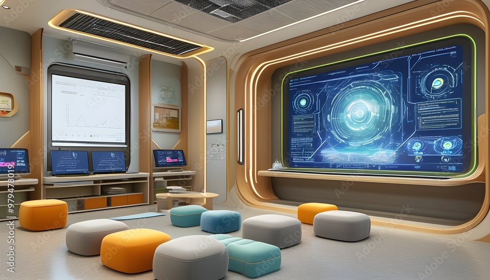 Futuristic classroom featuring holographic displays, interactive ...
