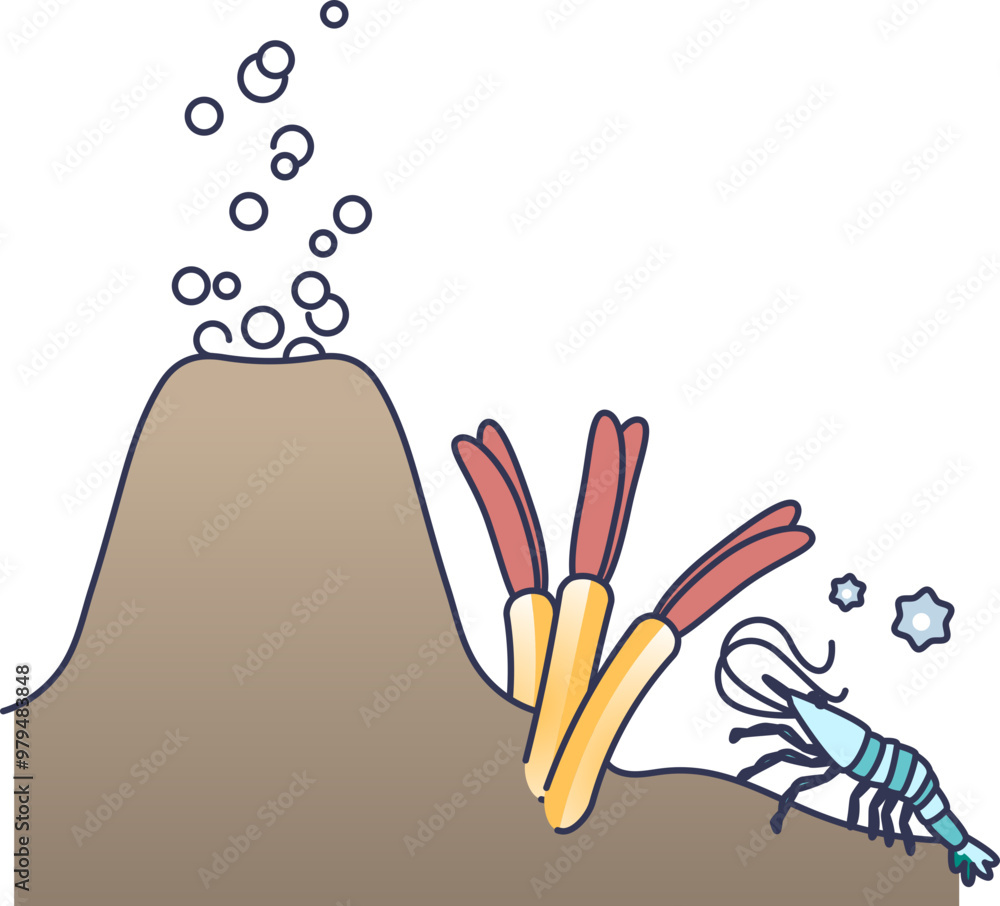 Illustration of a hydrothermal vent with tube worms and a shrimp ...