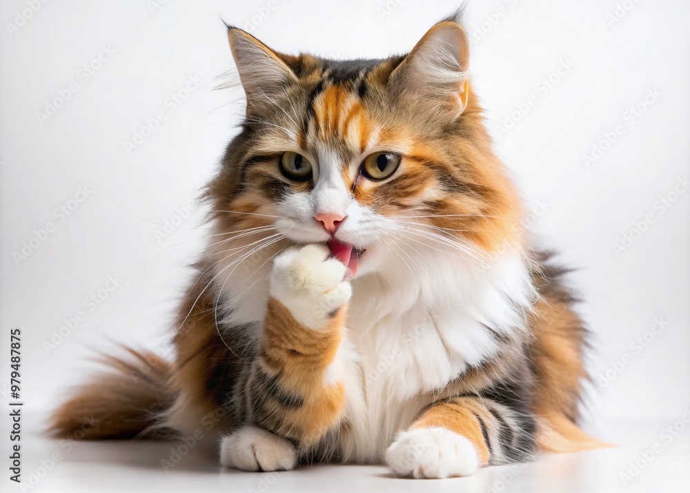 Adorable three-year-old female calico or torbie cat with long hair ...