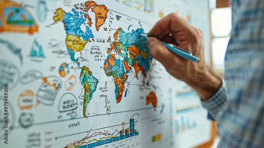 Person using blue pen on interactive whiteboard with world map ...