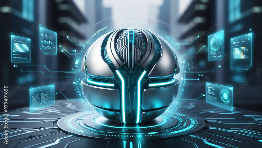 A futuristic AI sphere surrounded by glowing holographic interfaces and ...