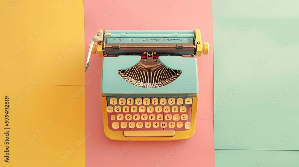 Top view a cute cozy retro typewriter from the 1960s in pastel colors ...