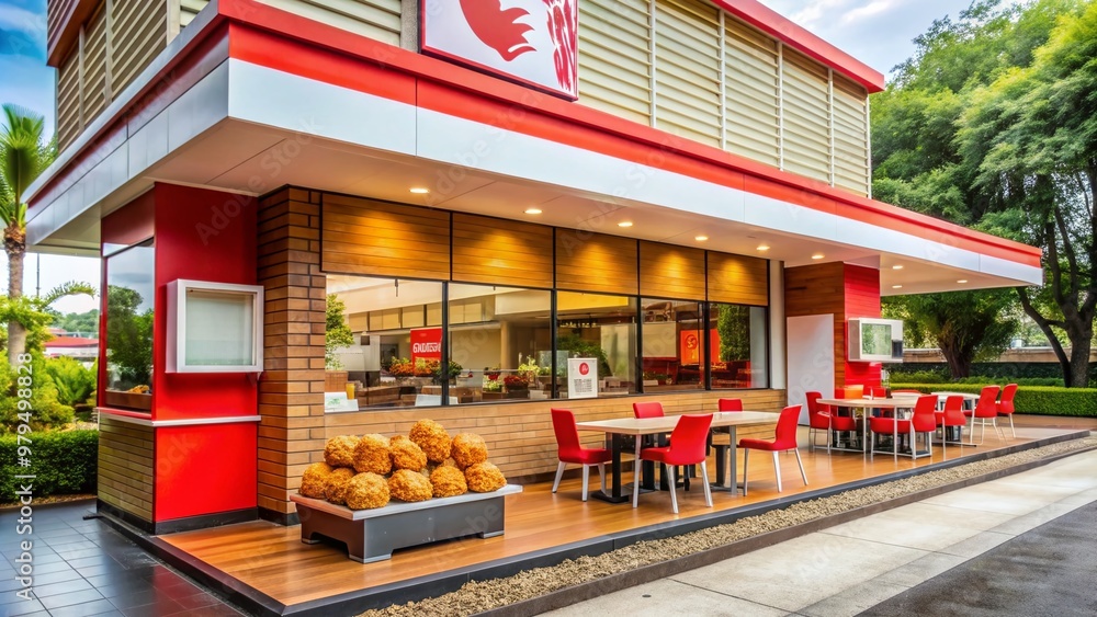 A modern fast food restaurant with a red and white logo in Bogor ...