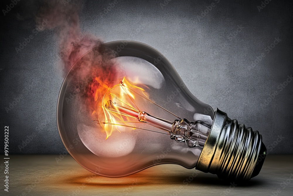 Electric light bulb emitting smoke on gray wall, signifying a dangerous ...