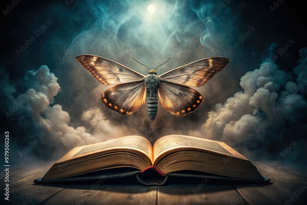 dramatic moody watercolor moth emerging from dark abyss of antique book ...
