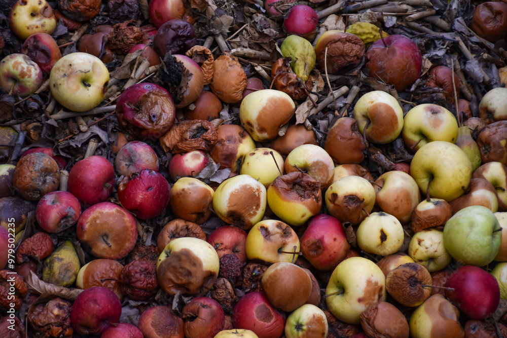 Damaged apples in compost pit on the ground in domestic apple orchard ...