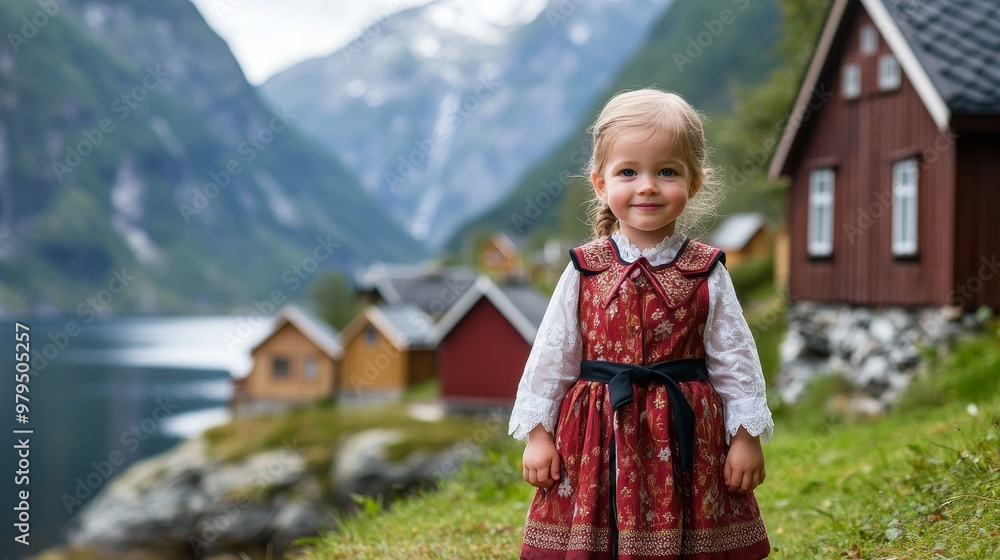 Young Norwegian Girl in Traditional Bunad Dress Posing in Full-Body ...