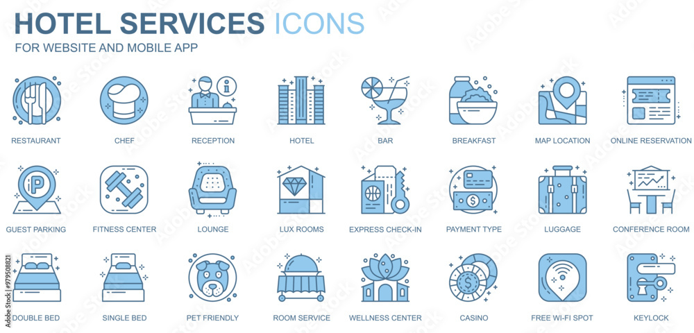 Hotel services web icons set in duotone line design. Pack of restaurant ...