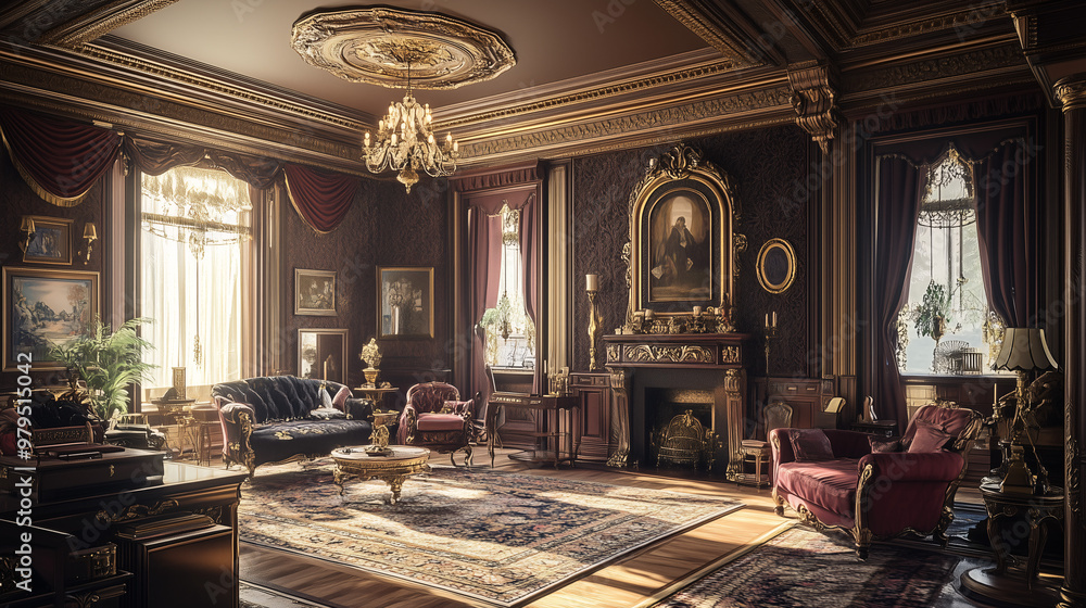 A formal Victorian parlor with high ceilings, intricate molding, and ...