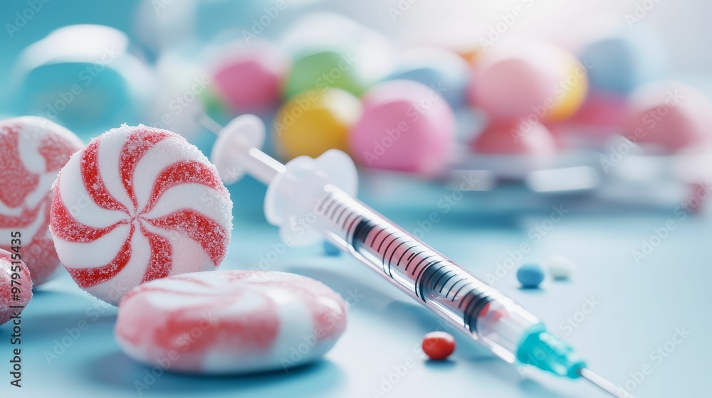 Candy in a clinical setting, placed next to syringes and medical ...
