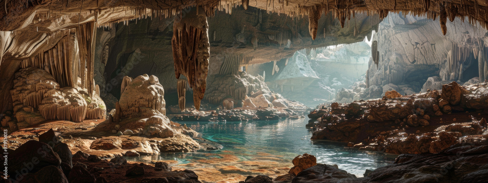 A rugged karst cave system, with labyrinthine passageways and hidden ...