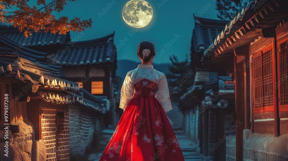 Back view of korean asian woman in traditional korean dress or hanbok ...