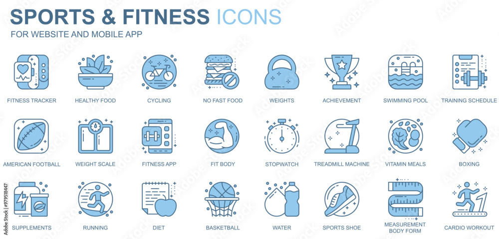 Sport and fitness web icons set in duotone line design. Pack of tracker ...