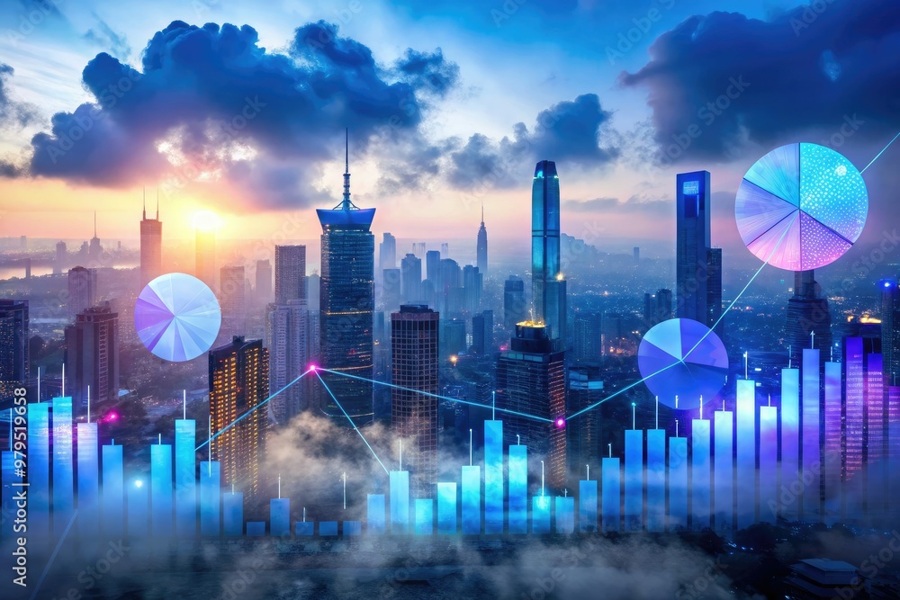 Budgetary pie charts and economic forecasts projected onto a foggy city ...