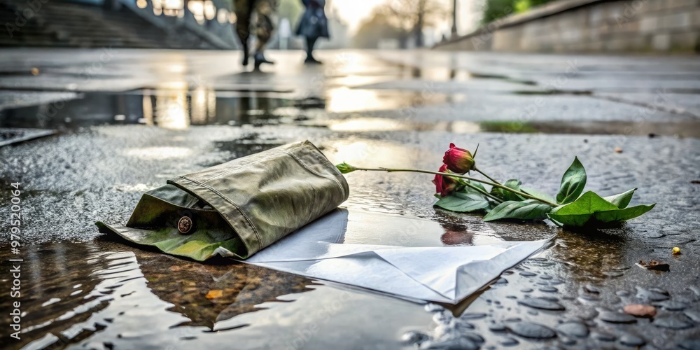 poignant silhouette of a fallen soldier's farewell letter, crumpled and ...