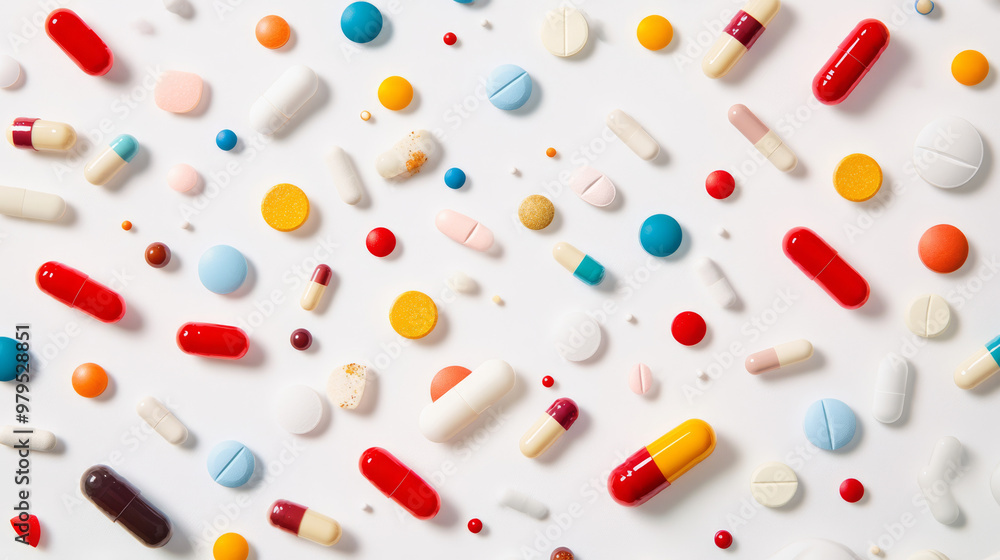 A variety of pills, tablets, and capsules are shown against a plain ...