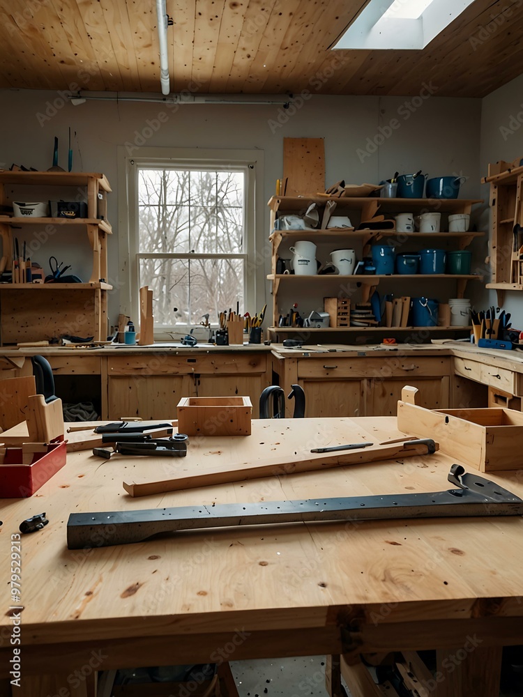 Busy workshop with custom wood furniture projects in various stages and ...