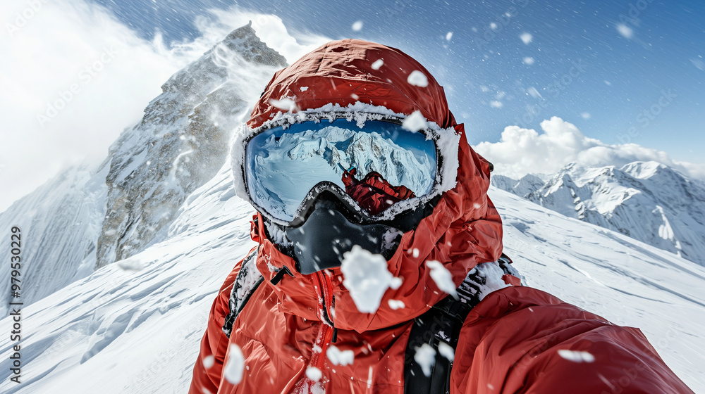 A climber captures a thrilling selfie at the summit of a mountain peak ...
