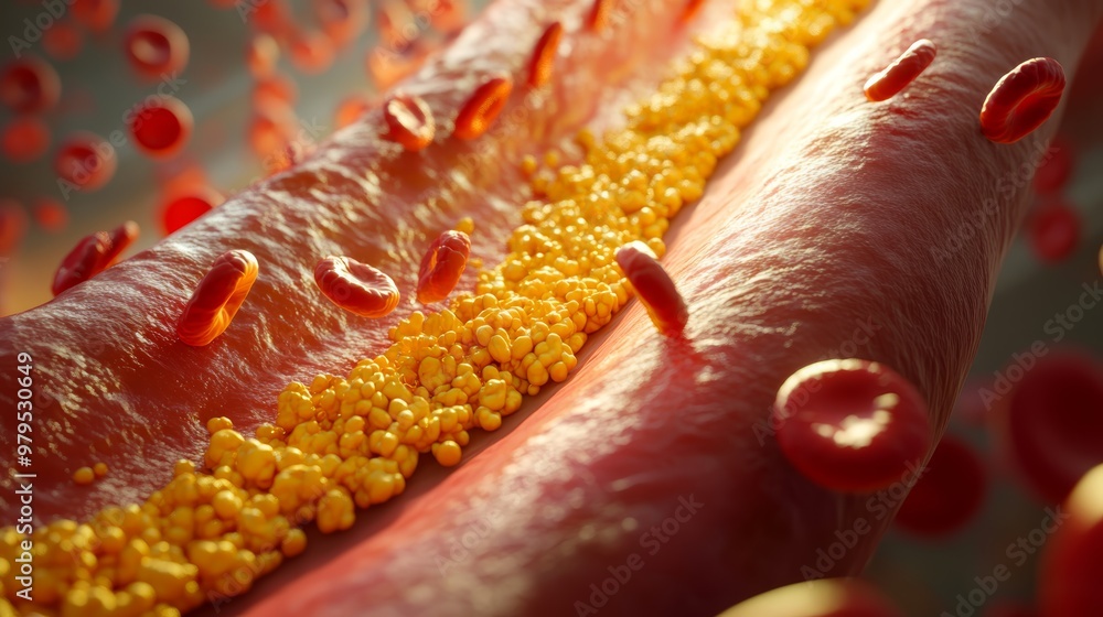 Close-up view of arterial plaque buildup in blood vessels, highlighting ...