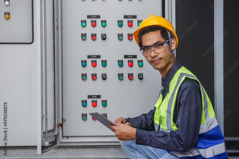 Electrical engineer man using tablet checks switchboard main ...