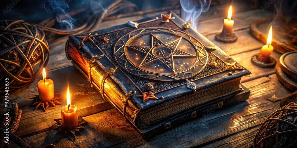 A haunting, dimly lit, ancient tome lies open, revealing eerie, occult ...