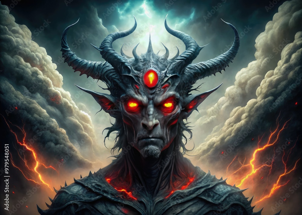 A mysterious, horned creature with glowing red eyes and cracked ...