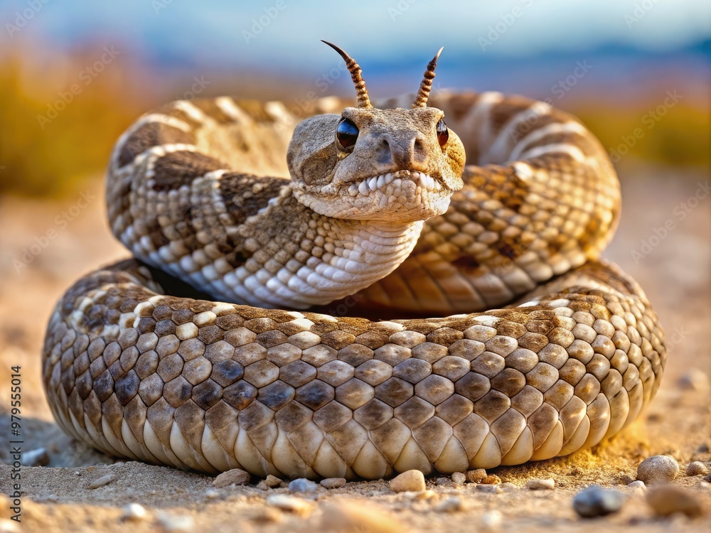 Coiled western diamondback rattlesnake, venomous serpent with diamond ...