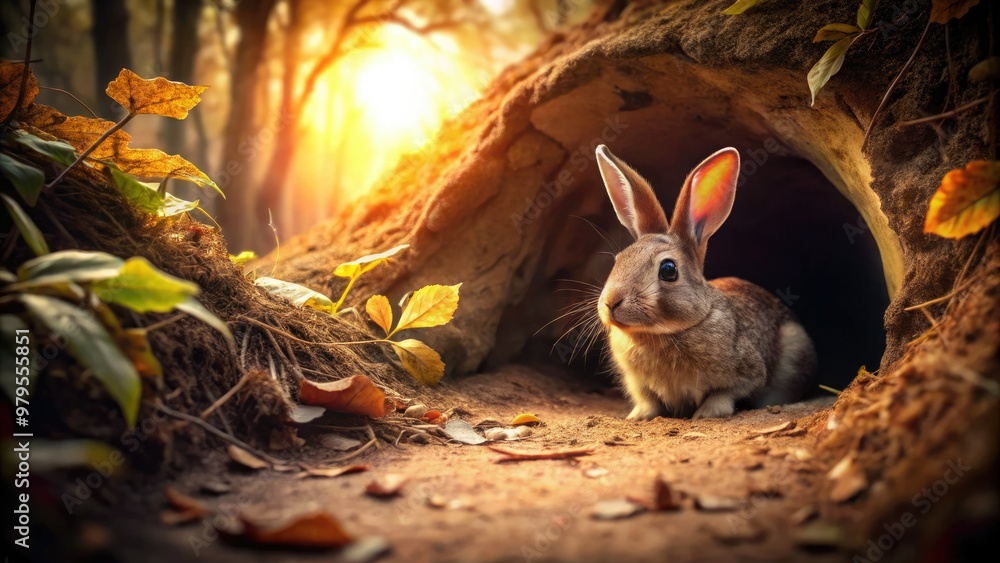 Cozy underground rabbit burrow with soft earthy walls, twigs, and dry ...