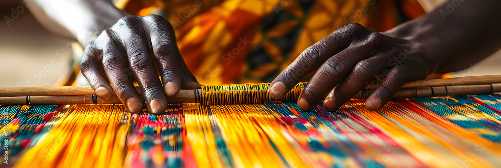A skilled artisan focuses on weaving colorful kente cloth, with hands ...