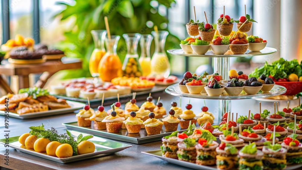Elegant banquet table setup featuring an array of delectable snacks ...