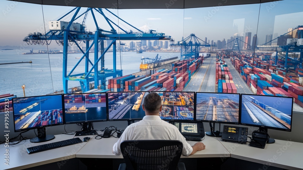 Port Operations Control Room. Modern control room with multiple screens ...