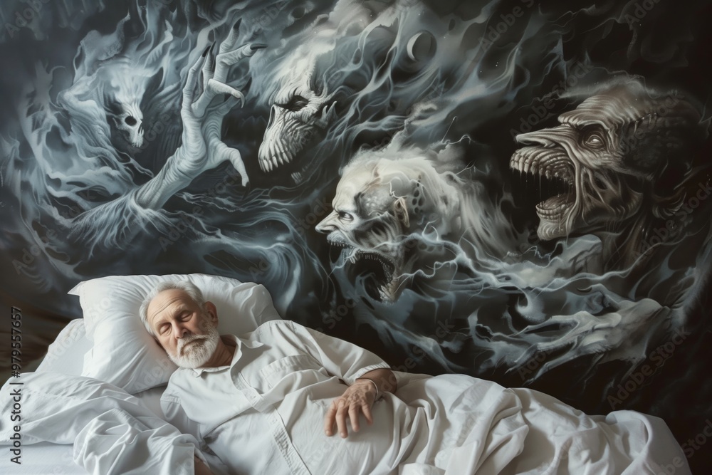 Horror dream blends real life he rests bed. Uneasy night filled ...