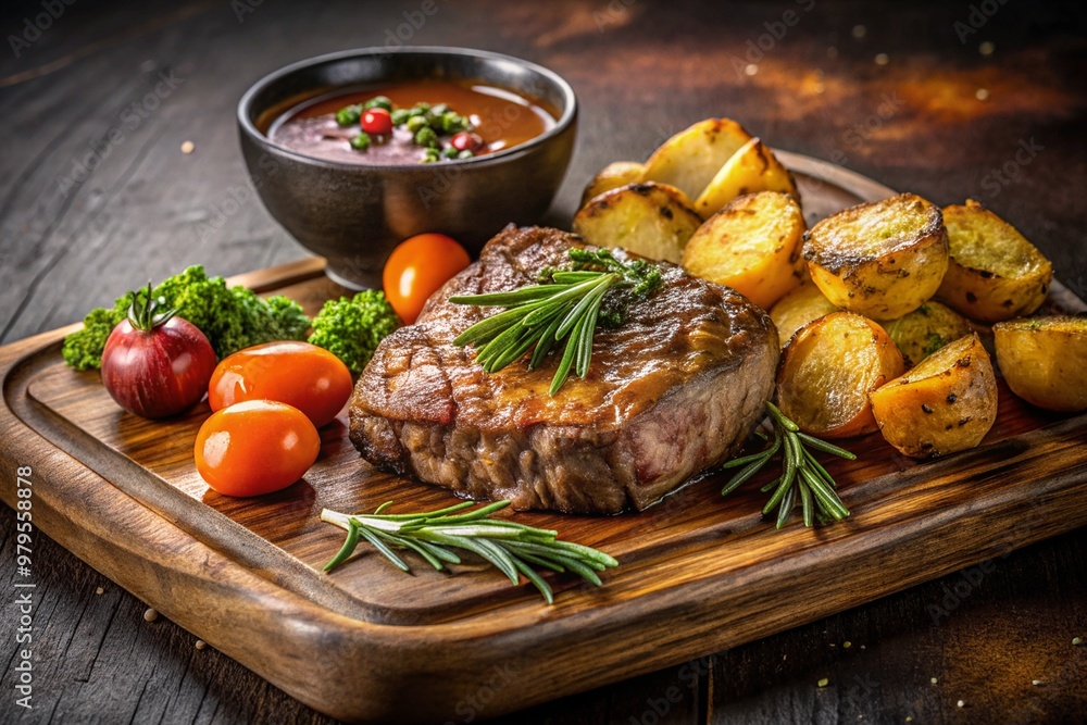 A gourmet european meal showcasing a perfectly grilled steak topped ...