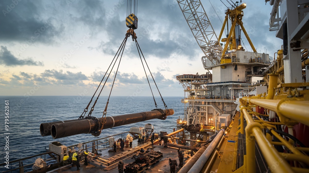 Offshore Pipe Installation at Sunset. A dynamic scene on an offshore ...