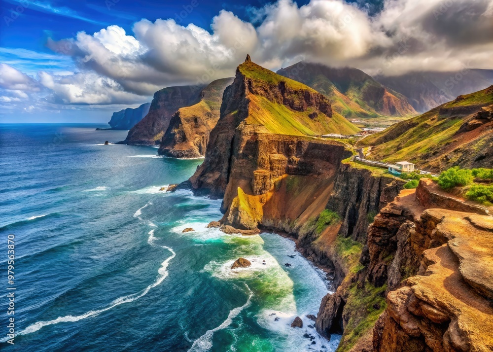 Rugged cliffs meet the Atlantic Ocean at Cape Verde's Ponta do Sol, the ...